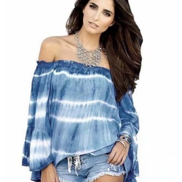 Elan | Tops | Elan Blue Tie Dye Off Shoulder Bell Sleeve Boho Flowy Top ...